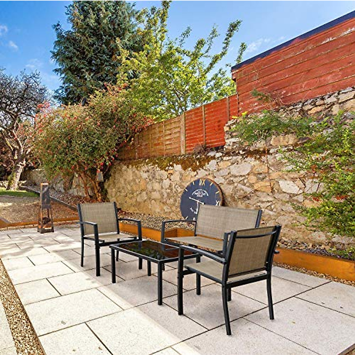 Flamaker 4 Pieces Patio Furniture Outdoor Furniture Set Textilene Bistro Set Modern Conversation Set Black Bistro Set with Loveseat Tea Table for Home, Lawn and Balcony (Yellow)