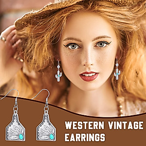 20 Pairs Western Earrings Jewelry for Women Cowgirl Cowboy Boho Vintage Handmade Cow Print Leather Wood Turquoise Teardrop Dangle Earrings Bulk Bohemian (Classic Style)