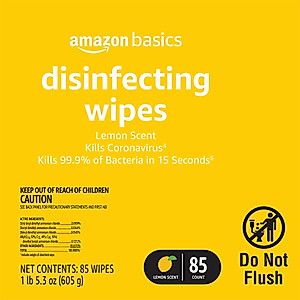 Amazon Basics Disinfecting Wipes, Lemon Scent & Fresh Scent, Sanitizes/Cleans/Disinfects/Deodorizes, 85 Count: Pack of 3 (Previously Solimo)
