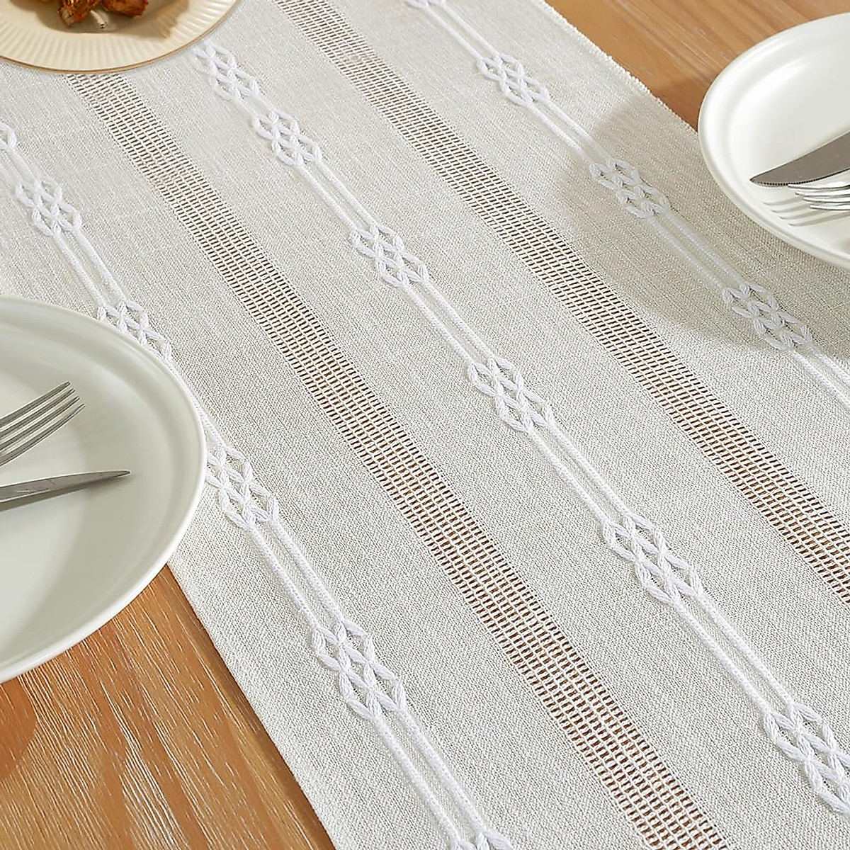 AUAUY Table Runner with Handmade Tassels, Boho Style Beige Weave Stripes Polyester Fabric Table Runner, Macrame Table Decoration for Holiday Party Dining Wedding and Everyday Use(13*70.87in)