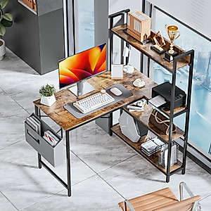 WASAGUN 40 Inch Small L Shaped Computer Desk with Storage Shelves, Home Office Corner Reversible Desk Study Writing Table with Hutch, Brown