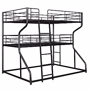 KoiHome Full Over Twin Over Queen Size Triple Bunk Bed with 2 Ladders, Metal Low Bed Frame with Full-Length Guardrail for Kids Teens Girls Boys Bedroom, Space-Saving, No Box Spring Needed, Black