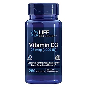 Life Extension Vitamin D3 25 mcg (1000 IU) – Promotes Bone Health, Brain Health An Immune Function – Non-GMO – Gluten-free – 250 Softgels