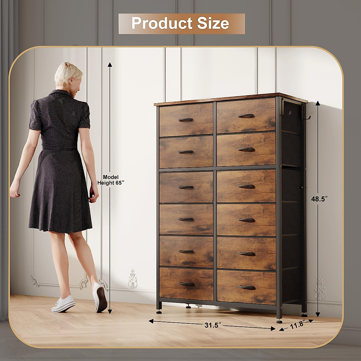 YaFiti Dresser for Bedroom, 12 Drawers with Wooden Top, Fabric Bins, Hooks and Metal Frame, Tall Chest of Drawers for Living Room, Hallway, Rustic Brown