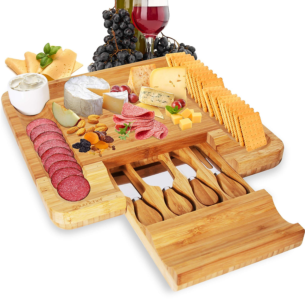 NutriChefKitchen Bamboo Cheese Board Set - Bonus Condiment Cup and 4 Stainless Steel Knives