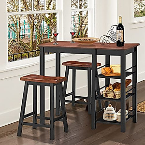 COSTWAY 3 Pieces Pub Table and Chair Set, Counter Height Dining Table Set with 2 Stools and 3 Storage Shelves, Industrial Wood Kitchen Table Set for Bar Bistro, Living Room, Restaurant