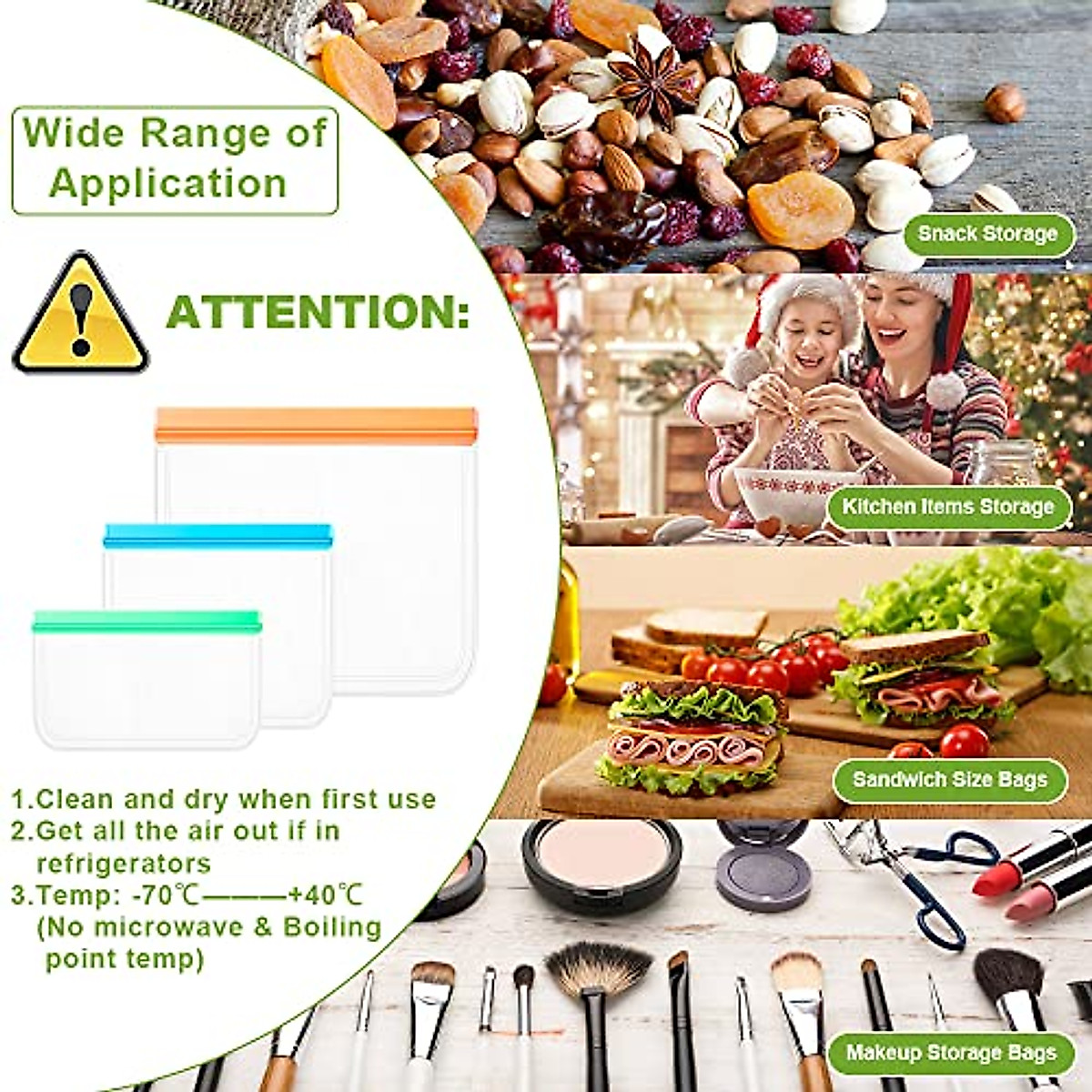 BLOCE Reusable Food Storage Bags, 12 Pack BPA FREE Flat Freezer Bags - Includes 4 Reusable Gallon Bags + 4 Leakproof Reusable Sandwich Bags + 4 Food Grade Kids Snack Bags, FDA Grade Reusable Ziplock Bags Silicone for Meat Fruit Cereal Snacks