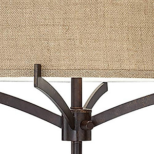 Franklin Iron Works Tremont Modern Mid Century Floor Lamp Standing 62" Tall Deep Bronze Metal Tan Burlap Drum Shade for Living Room Reading Bedroom Office House Home Decor