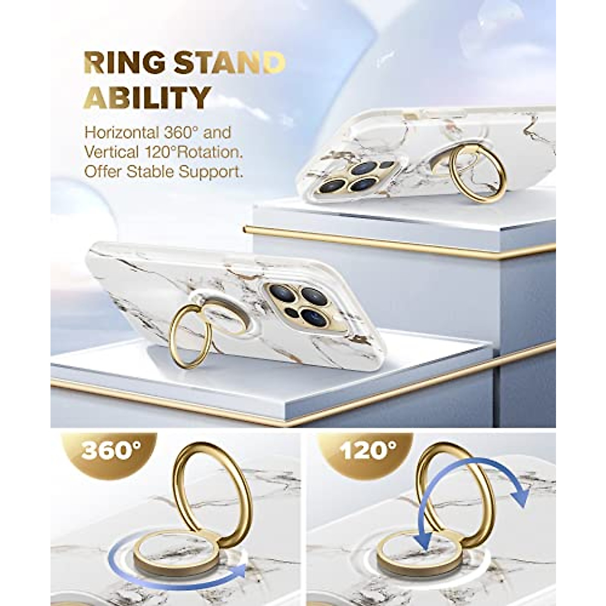 GVIEWIN Compatible with iPhone 14 Pro Case 6.1 Inch 2022, [Built-in 360° Rotatable Ring Stand] Marble Slim Stylish Durable Hard Shockproof Phone Holder Kickstand Cover(White/Gold)