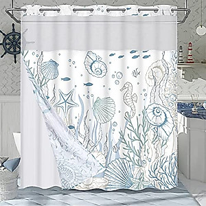 Ikfashoni Nautical Coastal No Hook Shower Curtain with Snap in Liner, Seashell Beach Shower Curtain with Liner, Hotel Shower Curtain, Ocean Themed Shower Curtains for Bathroom Decor, 72" x 72"