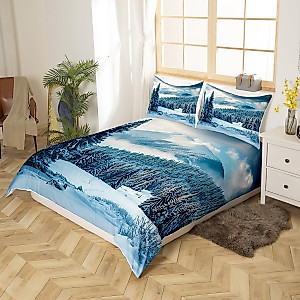 Castle Fairy Snow Mountain Bedding Set,3D Cedar Printed Duvet Cover for Kids Teen Boys Girls,Snow Scene Comforter Cover Decorative Room,Winter Nature Quilt Cover with 2 Pillowcases,King Size
