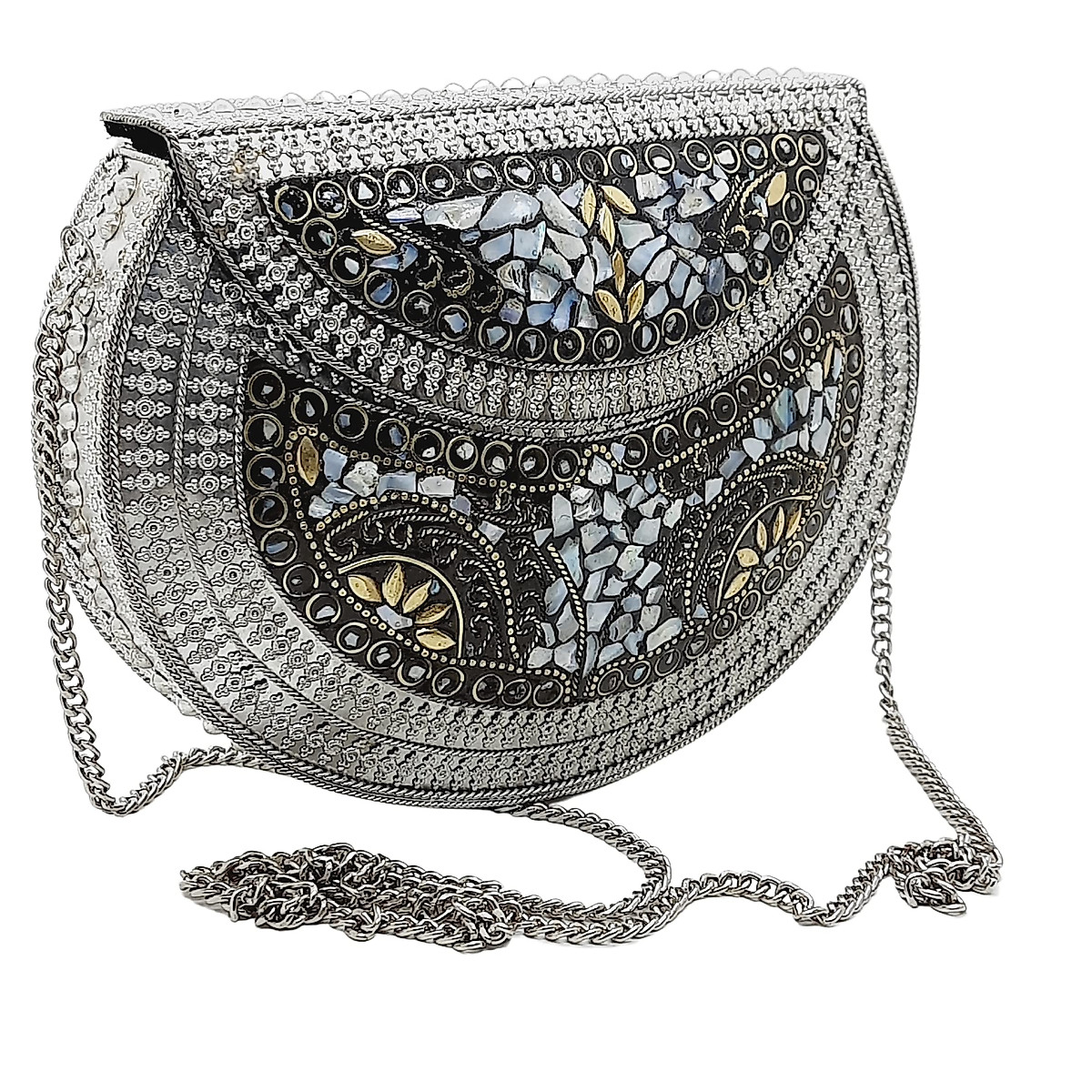 Ethnic Clutch Vintage Handmade metal Mosaic stone Shell purse Handbag for women Party Bag Special occasion accessories
