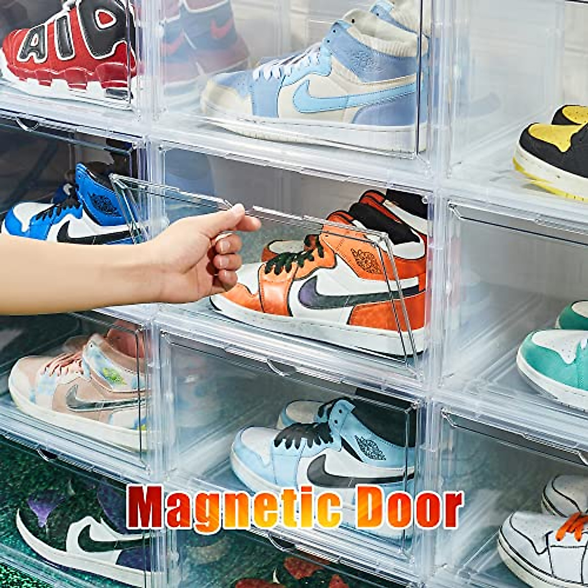EZLucky 3 Pack Large Shoe Boxes Clear Plastic Stackable, Side Open Shoes Organizer with Magnetic Door, Clear Shoe Boxes Stackable for Display Sneakers, Fit Shoe Size Up to US 15 (14.2x11x8.7in)