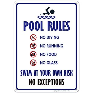 Pool Rules Sign, No Diving No Running No Food No Glass, 10x14 Inches, Rust Free .040 Aluminum, Fade Resistant, Made in USA by Sigo Signs