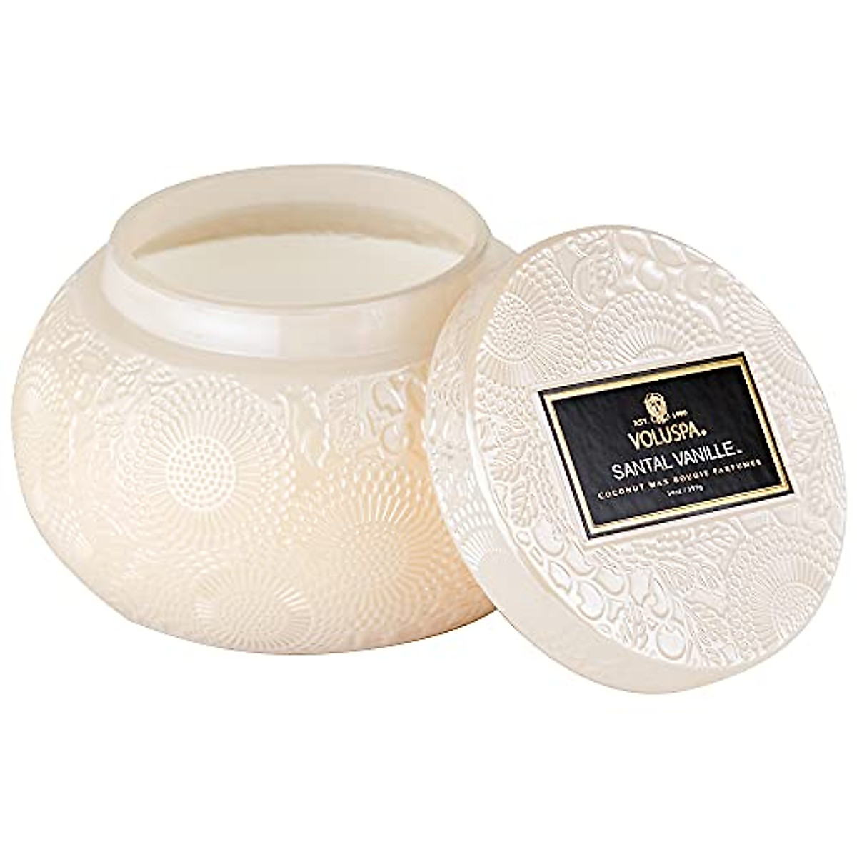 Voluspa Santal Vanille Candle | Embossed Glass Chawan Bowl | 14 Oz. | 50 Hour Burn Time | Coconut Wax and Natural Wicks for a Cleaner Burn | Vegan