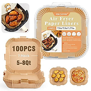 FHCXEWH Air Fryer Disposable Paper Liner 100PCS, ( 5 to 8 QT ), Oil-proof Filter, Non-stick Parchment, Liners for, Baking, Picnic, Microwave, Roasting and Cooking, 7.9*7.9*1.77, Nature