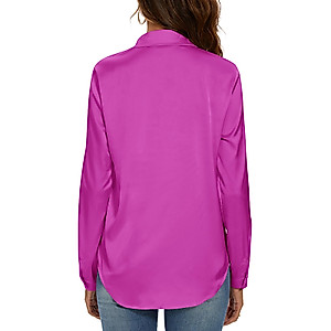 Women's Silk Blouse Long Sleeve Lady Shirt Casual Office Work Blouse Button-Down Shirts Tops(Hot Pink,M)