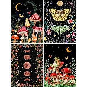 VeGuude Paint by Numbers for Adults and Kids Beginner, 4 Pack Painting by Number Kits On Canvas, Without Frame DIY Moon Mushroom Oil Painting Acrylic Paints, Home Wall Decor Gift 12x16inch