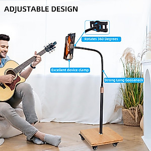 Crocqett Ipad Stand Floor with Wheels,Adjustable Height Tablet Floor Stand for Bed,Gooseneck Tablet Holder with Bamboo Base,Compatible with Kindle,Ipad pro Mini 12.9/6,Phones (4.7''-13'')