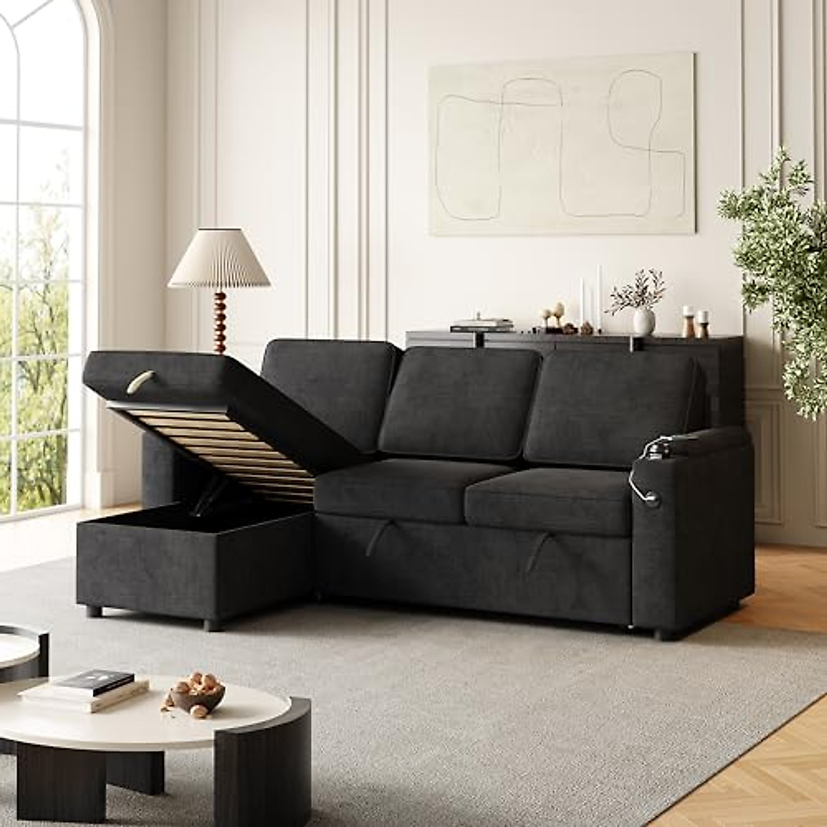 Eafurn 3-Seaters Corner Sectional Sofa Convertible Pull Out Couch Bed with Reversible Chaise Lounge and Hidden Arm Storage & Cup Holders, L Shaped Sleeper Sofa&Couches for Living Room Apartment Dorm