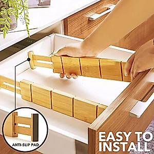 SAUStrongBe Adjustable Bamboo drawer dividers with 4 dividers，6 inserts, Spring Loaded adjustable drawer organizer, Expandable Organization for Home, Office, Dressers and Bathroom (17- 22 in)