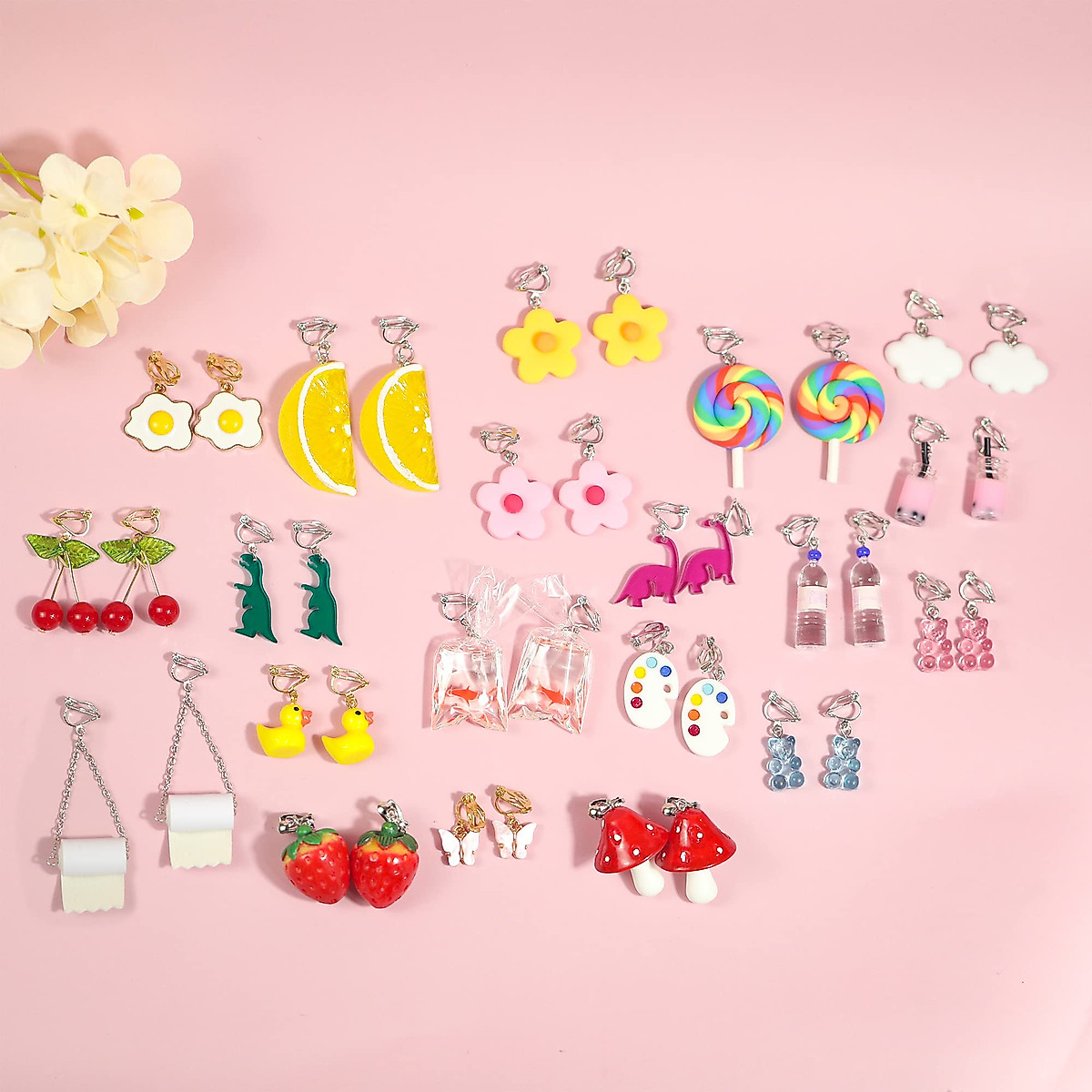 20 Pairs Clip On Earrings Weird Funny Earrings Gummy Bear Duck Water Bottle Fish Dinosaur Mushroom Butterfly Strawberry Dangle Earrings Set for Women Teen Girls, Resin, No Gemstone
