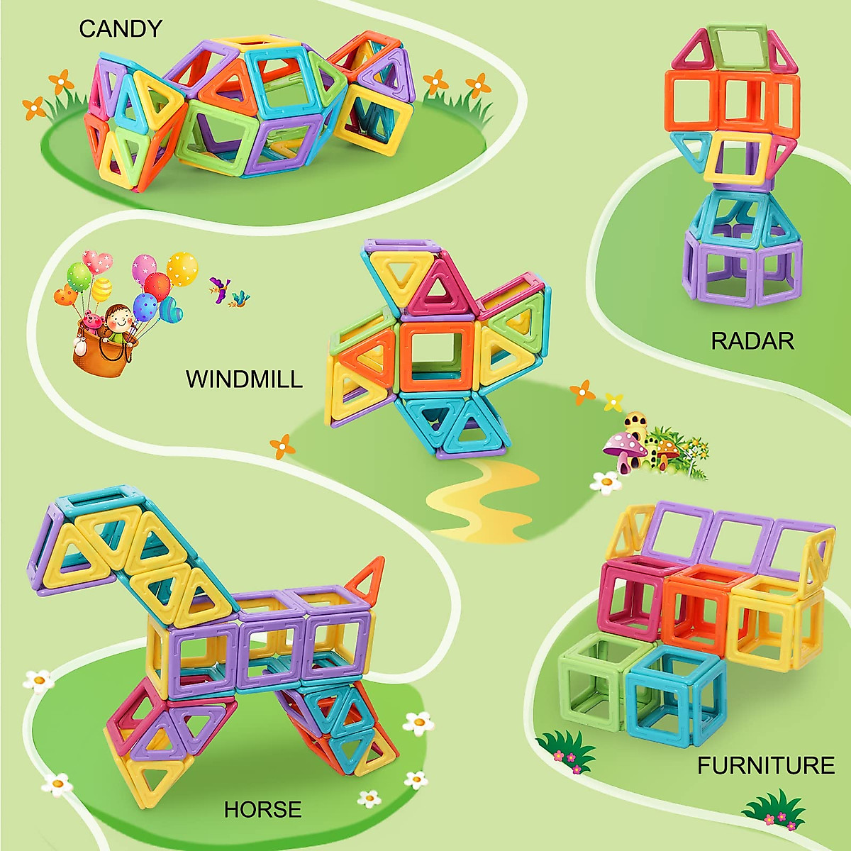 Magnetic Blocks Tiles Toddler Building Toys Edition for 3 4 5 6 7 8 Year Old Girls and Boys Gifts Magnetic Building Toys STEM Learning Educational for Kids Candy Color 52PCS