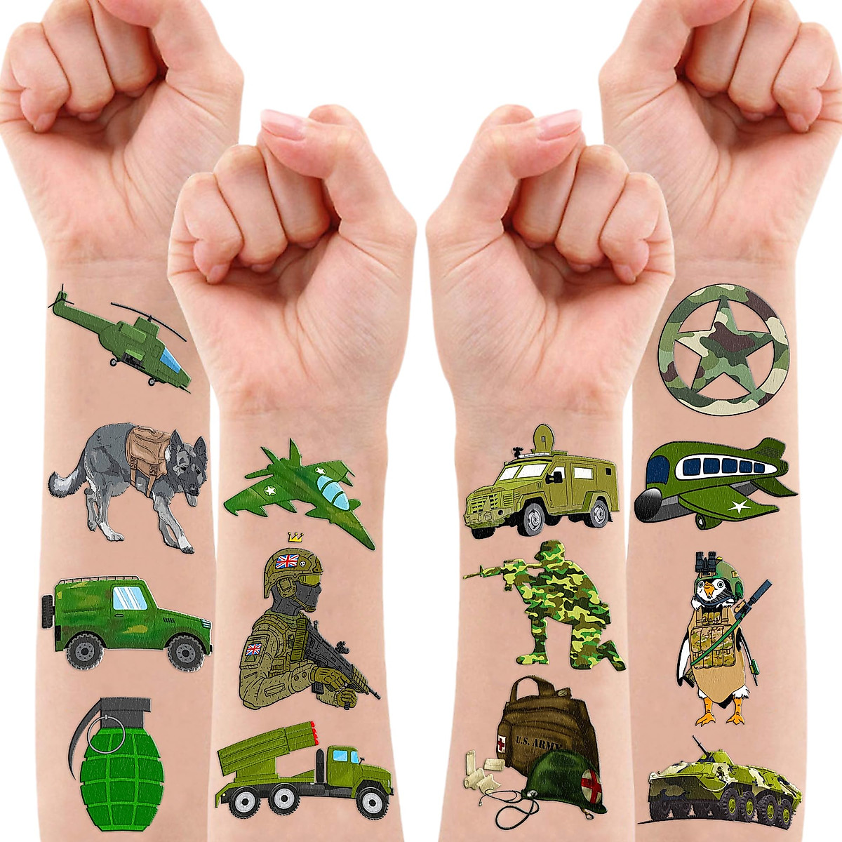 96 PCS Military Camouflage Temporary Tattoos Theme Army Birthday Party Decorations Supplies Favors Decor Camo Soldier Tank Helicopter Tattoo Stickers Gifts For Kids Adults Boys Girls Prizes Carnival
