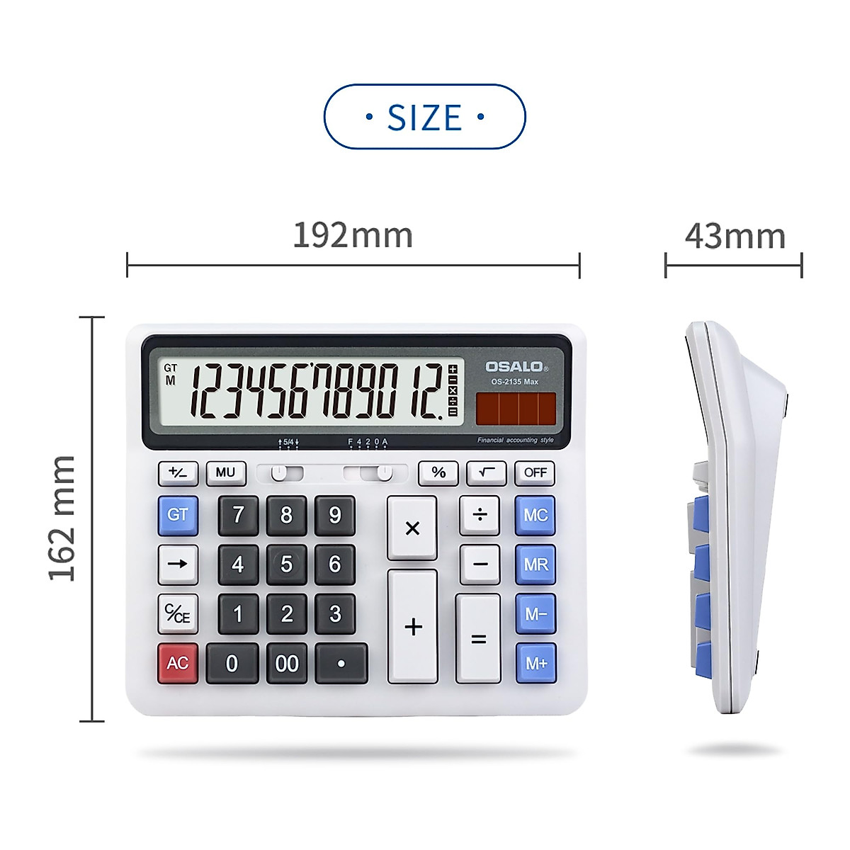 Desktop Calculator Extra Large LCD Display 12-Digit Big Number Accounting Calculator with Giant Response Button, Battery & Solar Powered, Perfect for Office Business Home Daily Use(OS-2135)