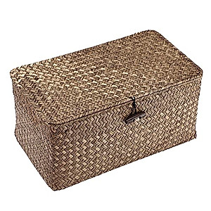 Hipiwe Wicker Shelf Baskets Bin with Lid, Handwoven Seagrass Basket Storage Bins Rectangular Household Basket Boxes for Shelf Wardrobe Home Organizer, Coffee Medium