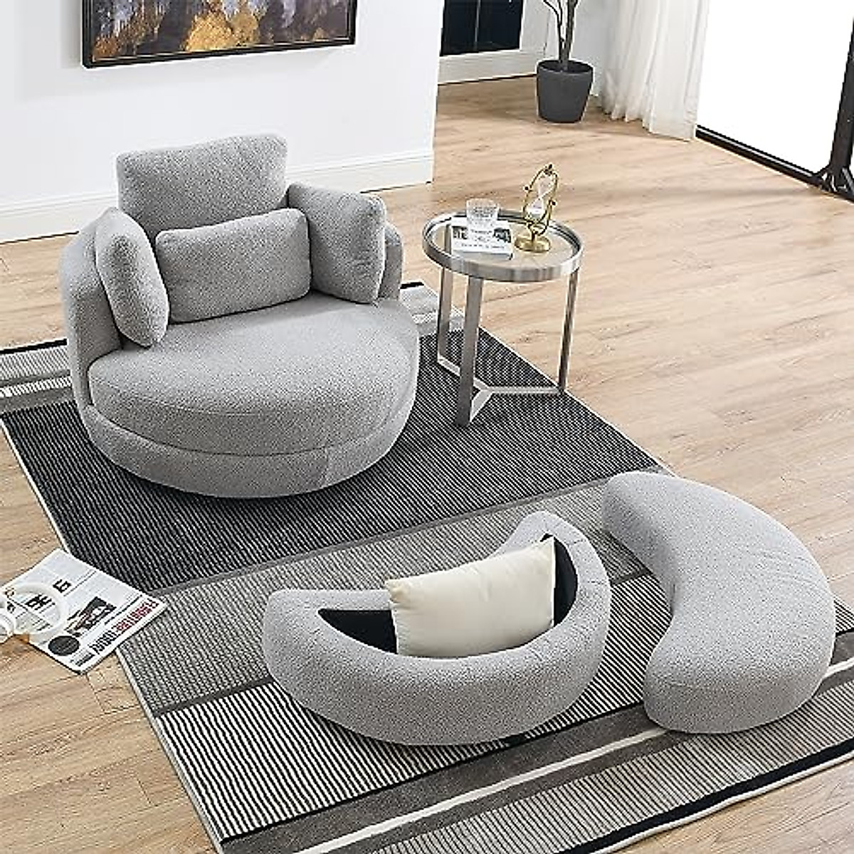 FULife Oversized Swivel Accent Barrel Chair with Storage Ottoman+4 Pillows,Comfy Upholstered 360 Recliner Sofa Club Chaise Leisure Round Loveseat Lounge Armchair for Living Room/Hotel/Nursery/Office