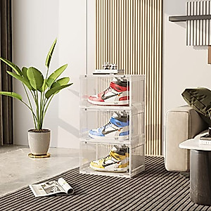 C&AHOME Clear Shoe Box, Clear Shoe Box Storage, Set of 3, Large Size Plastic Shoe Box with Magnetic Door, Shoe Organizer, Box Stackable for Display Sneakers, Fit Up to US Size 14'' Clear UCSBP03C