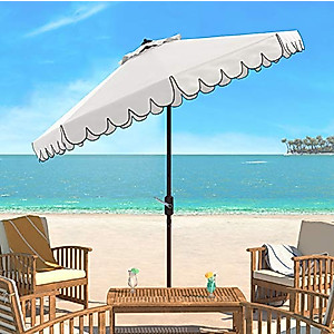 Safavieh PAT8010E Collection Venice White and Black Single Scallop 9Ft Crank Outdoor Push Button Tilt Umbrella