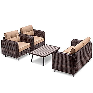 MCombo 4 Pieces Outdoor Patio Furniture Set, Brown Wicker Conversation Set, Outdoor Furniture Sofa Couch with Tempered Glass Table, for Lawn Balcony Gazebo, 9541