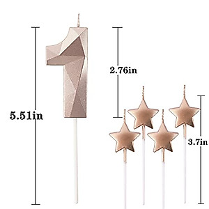 Rose Gold Number 1 Birthday Candles and Star Birthday Candles 2.76 inch Birthday Cake Candles 3D Diamond Shaped Candles are Suitable for Birthday Parties and Anniversary Cake Decorations Candles
