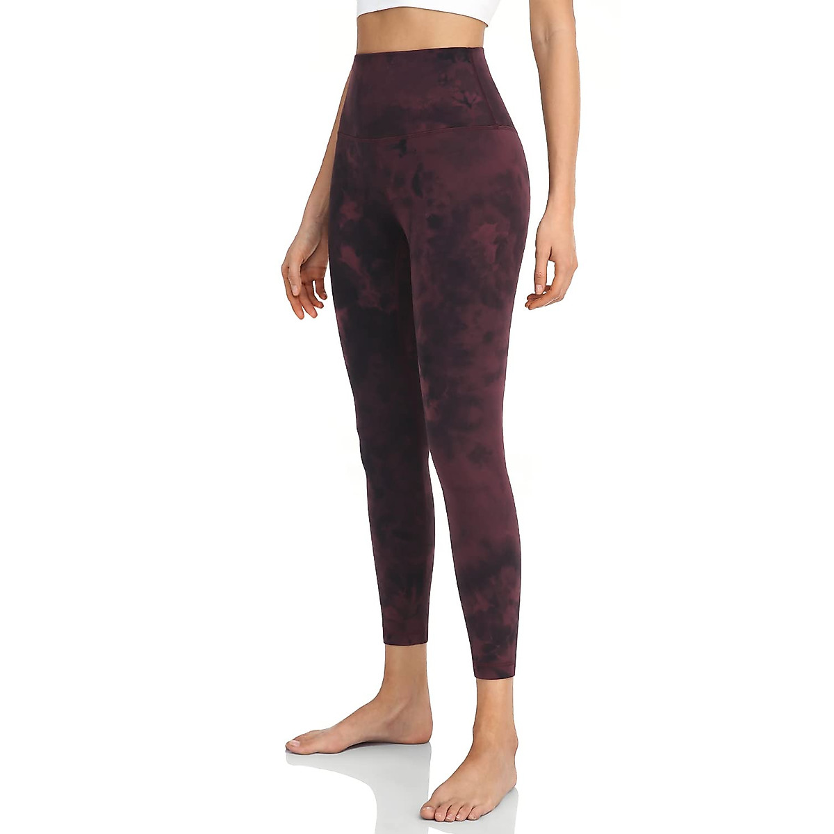 HeyNuts Pure&Plain 7/8 High Waisted Leggings for Women, Athletic Compression Tummy Control Workout Yoga Pants 25'' Diamond Dye Cassis Black XS(0/2)