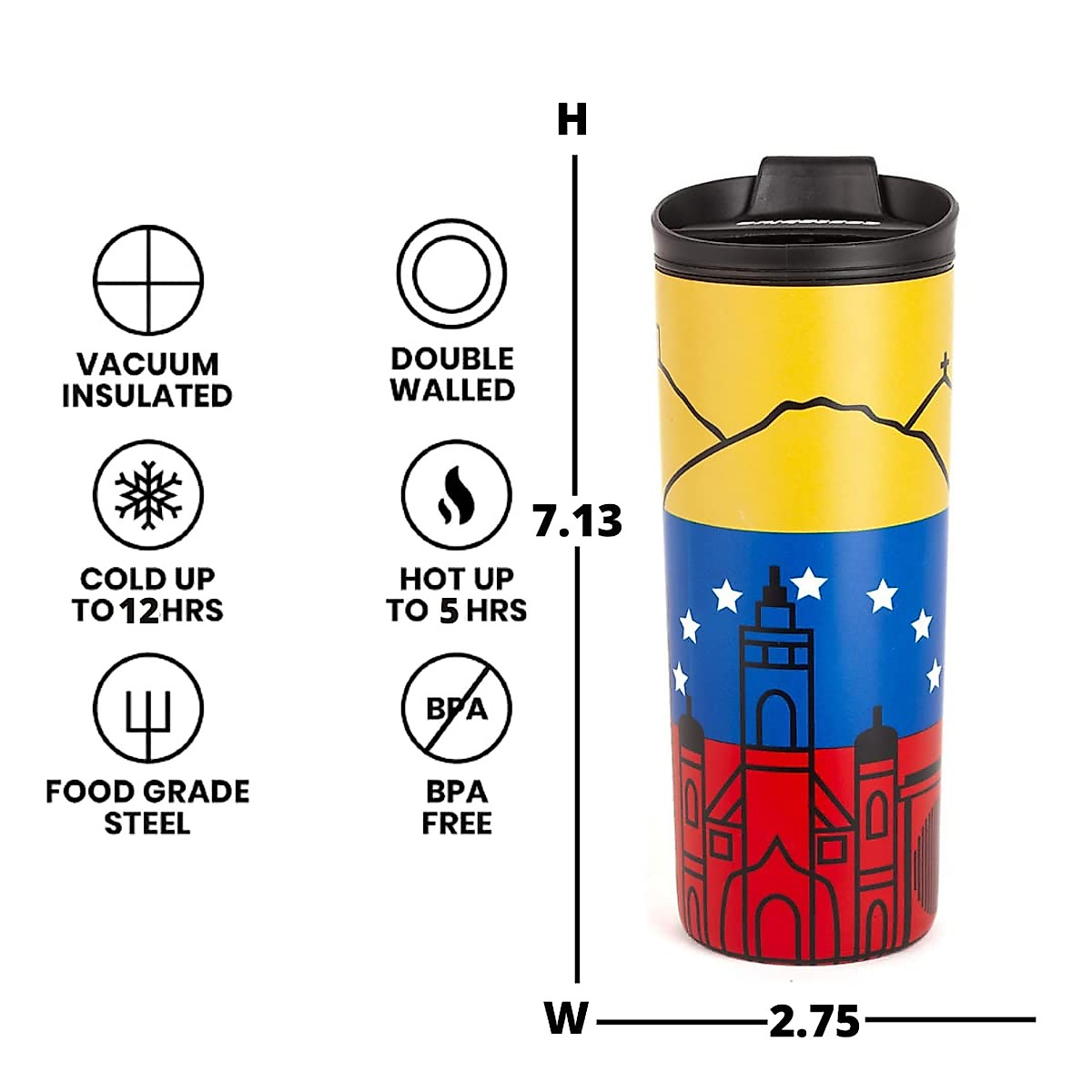 costablue Venezuela Vacuum Insulated Stainless Steel Thermal Travel Mug, 16 oz, Easy Clean, Flip leak Proof Lid Venezuelan Flag with Icons from Caracas