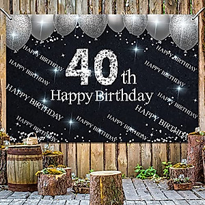 Silver and Black Happy 40th Birthday Backdrop Banner Decorations for Women Men 40 Years Old Bday Background Photography Party Decor Sign Supplies