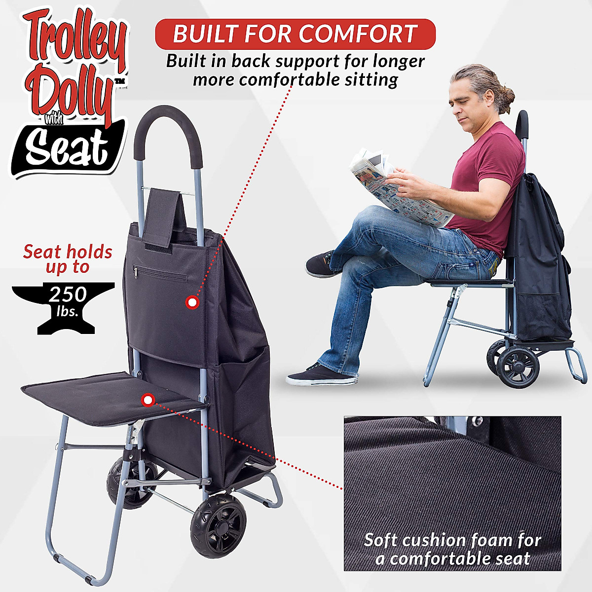 dbest products Trolley Dolly with Seat, Black Shopping Grocery Foldable Cart Tailgate