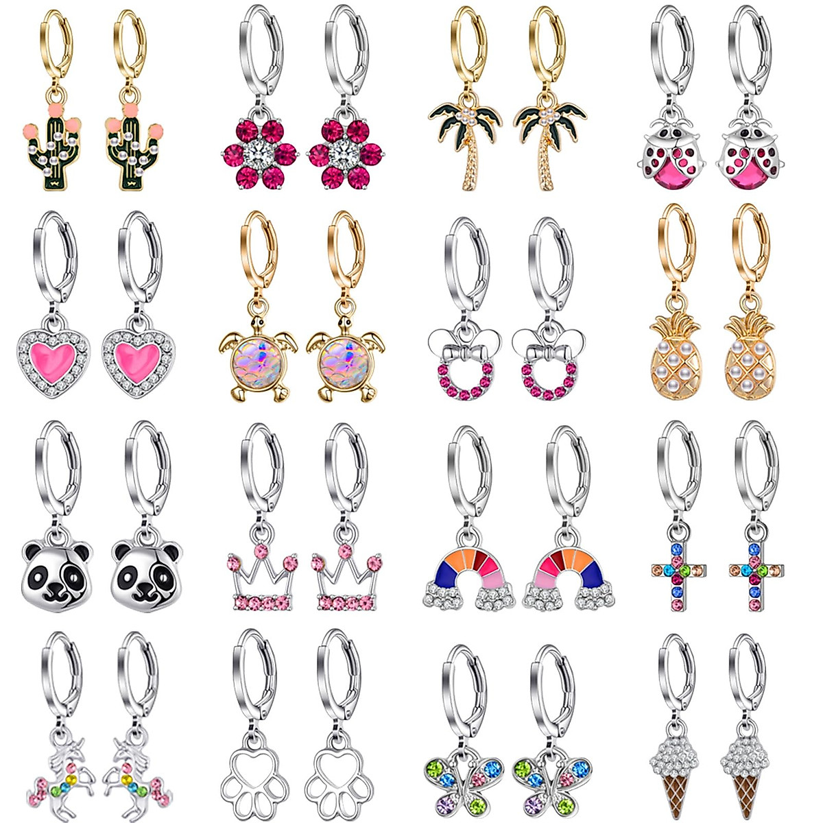 Aganippe 16 Pairs Hypoallergenic Acrylic Dangle Hoop Earrings Cute Multiple Colour Flower Flag Panda Pineapple Beetle Fruits Food Cartoon Dangle Hoop Earrings for Little Girls