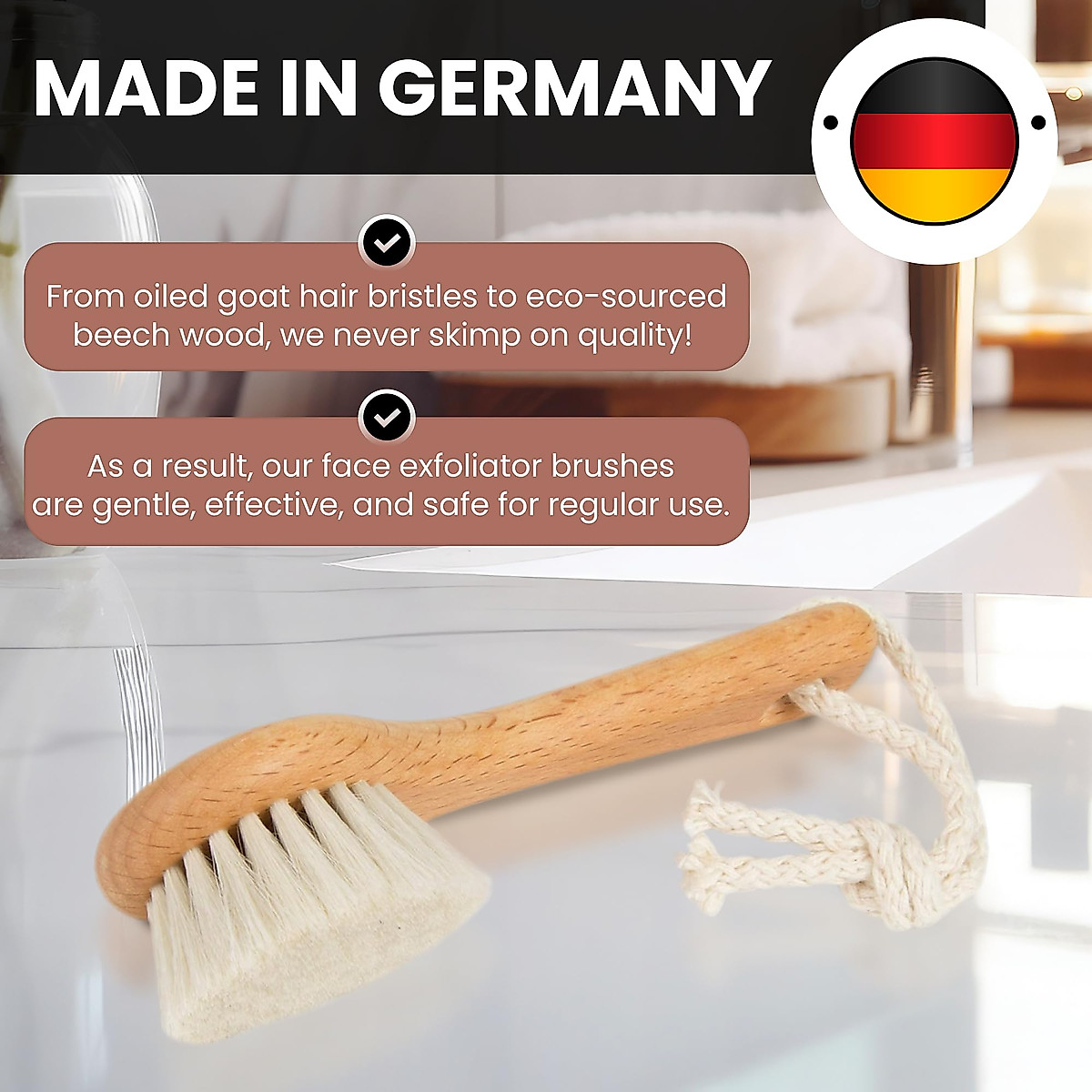 Since 1869 Hand Made in Germany - Sustainable Exfoliating Face Brush, Scrub Cleansing Brush, Exfoliates Skin to Help Reduce Flaking, Fine Lines, Supports Glowing Complexion (Soft Goat Bristle)