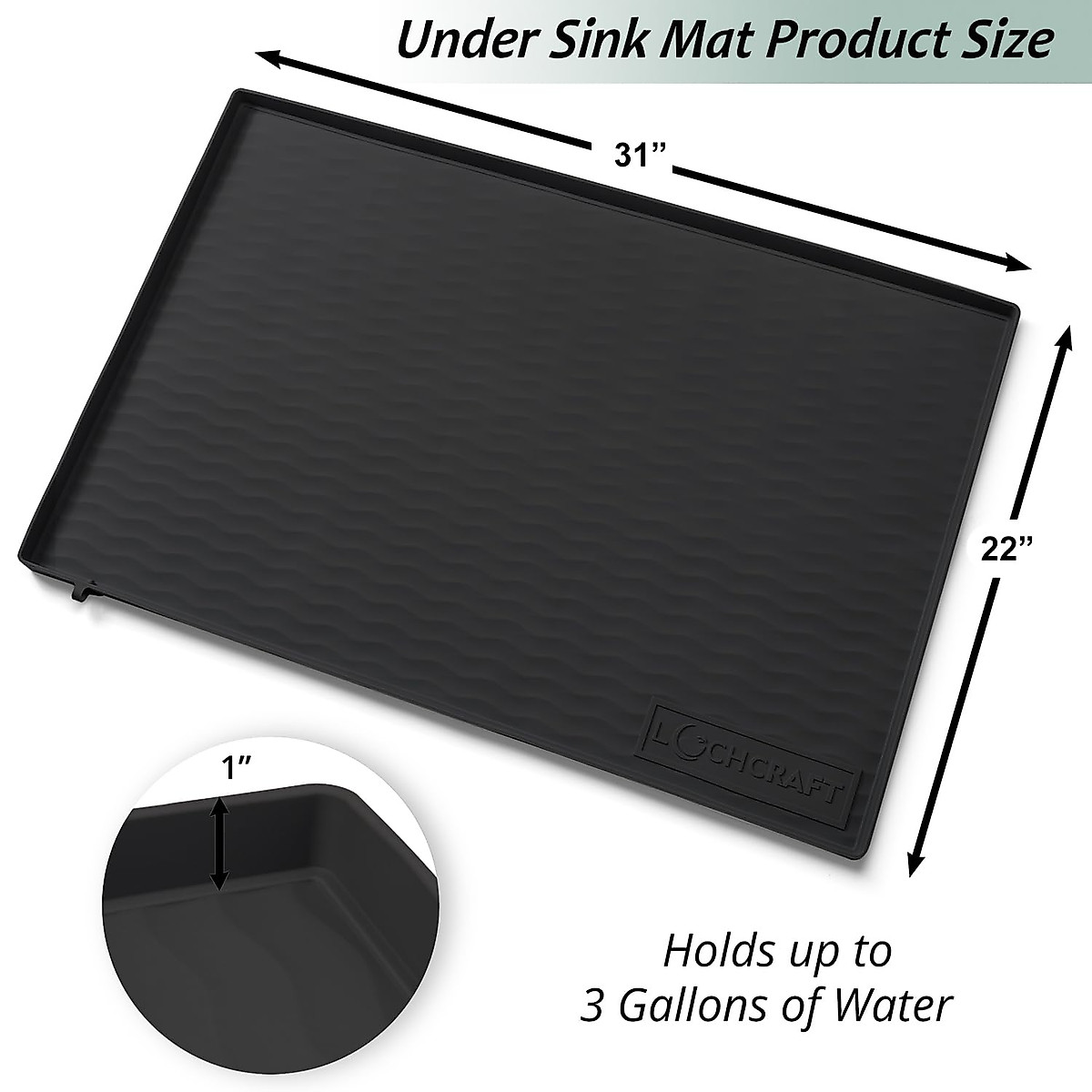 LochCraft Under Sink Mats for Kitchen Waterproof (31x22) Silicone Undersink Liner for Organizing and Waterproofing - Ideal for The Kitchen, Bathroom, and Laundry Room, Fits 33 Inch Cabinet (Black)