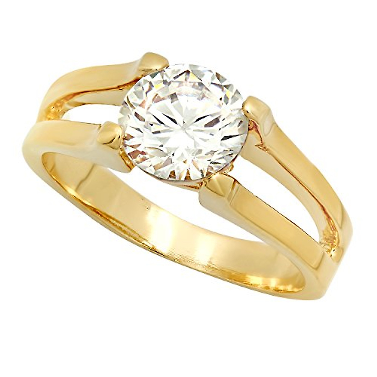 The Bling Factory 7mm Gold Plated Tension Set Round Brilliant CZ Solitaire Ring, Size 6.5