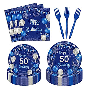96 Pcs Blue 50th Birthday Party Plates Napkins Tableware Set Happy Birthday Supplies Navy Blue and Silver Disposable Dinnerware Decoration Favors for Women Men 24 Guests