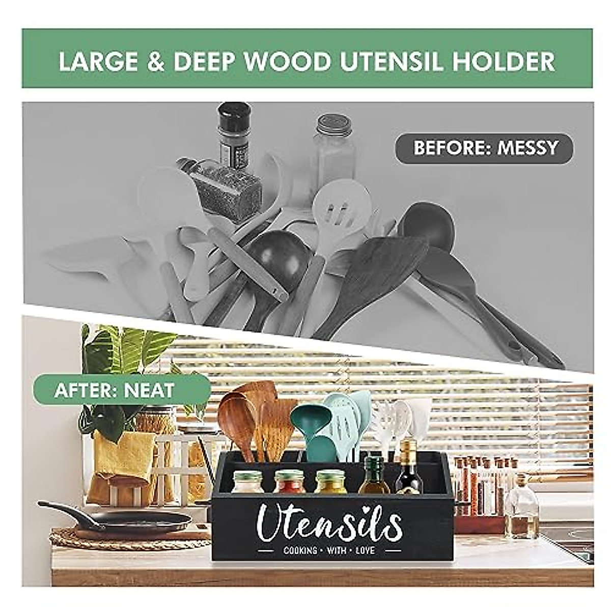 Utensil Holder for Kitchen Counter, Large Kitchen Utensil Holder with Handles, Farmhouse Cooking Utensil Organizer for Flatware, Utensil Caddy with 4 Compartments, Black Kitchen Tools Storage