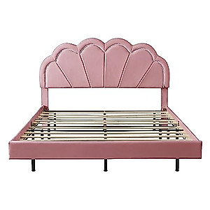 GAOWEI Queen Upholstered Smart LED Bed Frame with Elegant Flowers Headboard,Floating Velvet Platform LED Bed with Wooden Slats Support Queen Bed Frame (Pink)