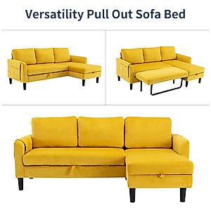 Hdxdkog L-Shaped Sectional Sofa with Pull-Out Bed 72" Sectional Sleeper Sofa Bed with Storage Chaise Lounge and Pocket, Upholstered Corner Couch for Living Room Home Office (Mustard)