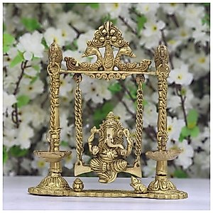 AtoZ India Cart Ganesha Statue on Swing with Diya Brass Ganesha Idol on Jhula Handmade Jhoola Ganesh Murti Showpiece Home Gold 8.75 x 8 x 2.5 inch