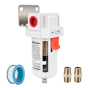 NANPU 1/2" NPT Compressed Air Line Filter, 5 Micron Brass Element, Bracket, Poly Bowl, 145 psi