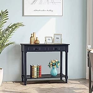 Karl home Console Table with 2 Drawers, Narrow Sofa Side Table Entryway Desk with Bottom Storage Shelf, TV Stand for Living Room Hallway Office, Navy Blue/Black 29.7" H